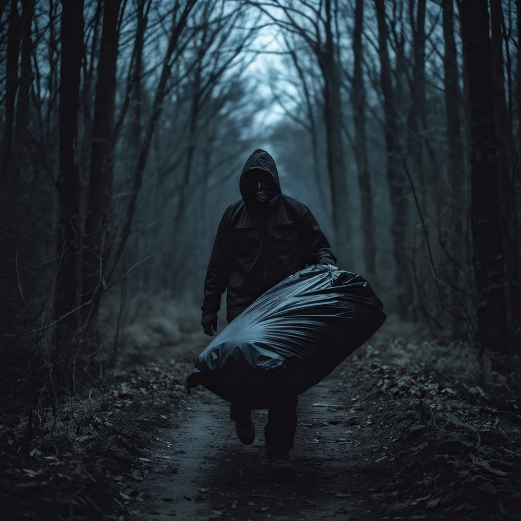 A serial killer dragging a human shaped body bag on a trail ... by ...
