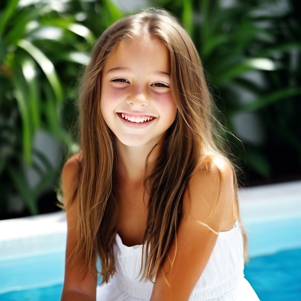 Very beautiful 13 year old girl with straight hair in a whit... by ...