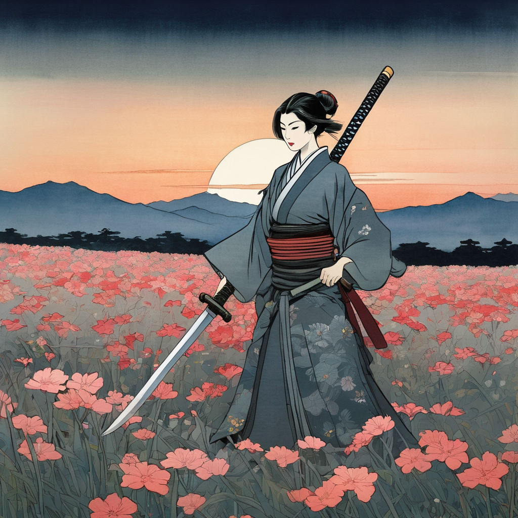 Multiarm Female samurai with drawn sword in flower field at ... by ...