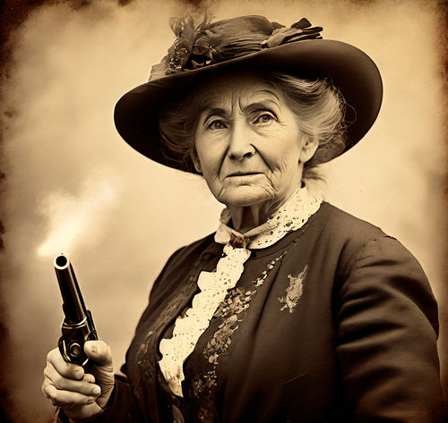A realistic elderly lady holding a revolver in a cathartic e... by ...