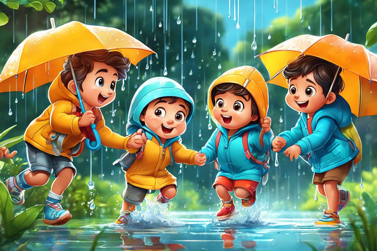 Cartoon kids playing each other in rain vector garden digita... by ...
