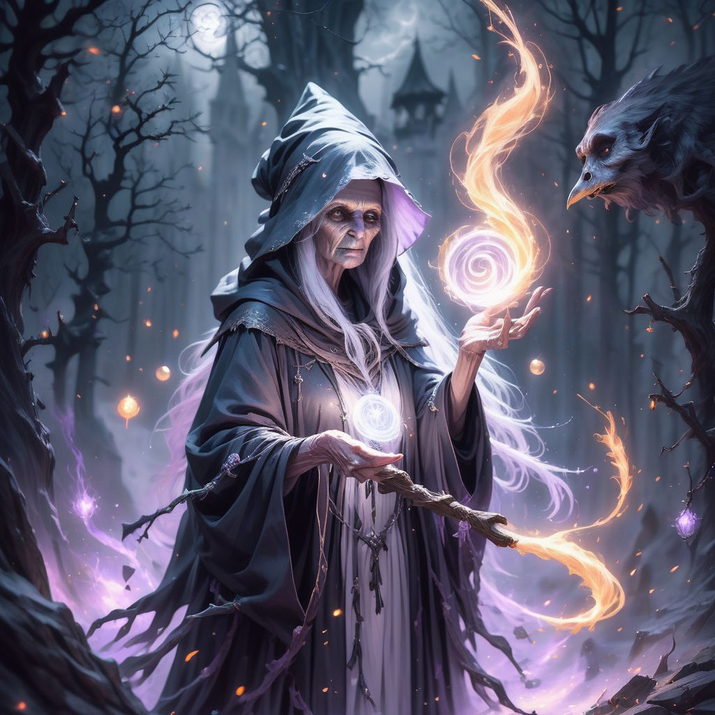 The Crone casting a beam of magic from a staff by Morgan Lee - Playground