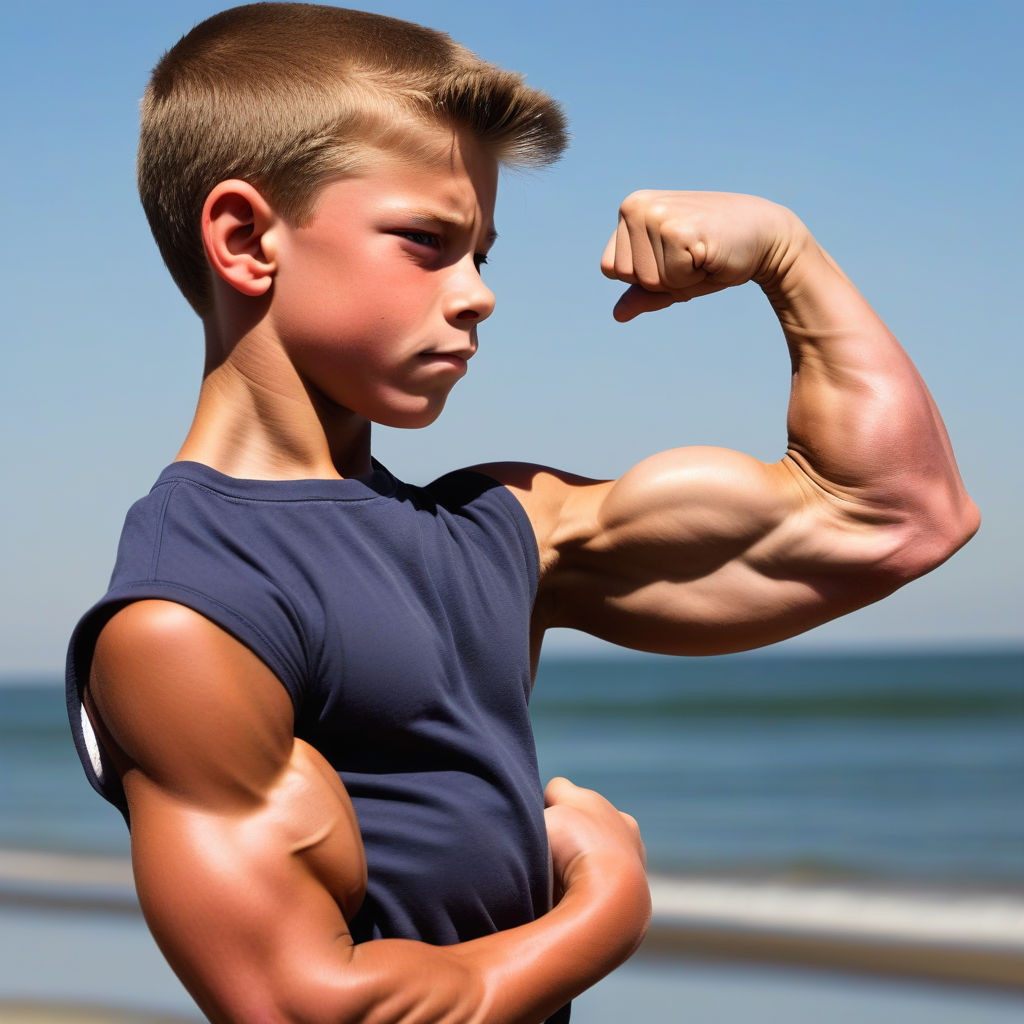 13 year old boy bodybuilder flexing muscles at the beach by Aaron ...