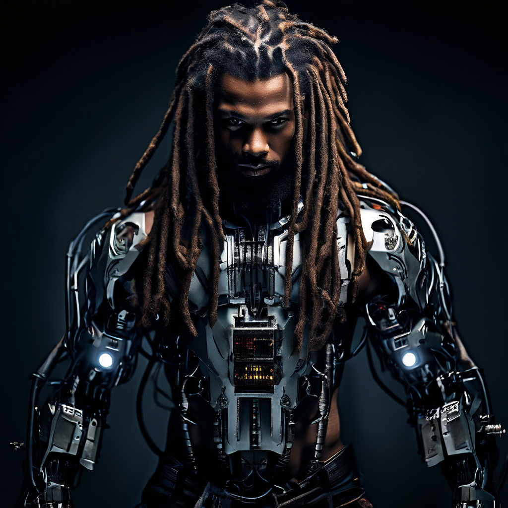 Front view photo of a cyborg man merging hip hop and cyberpu... by Ted ...