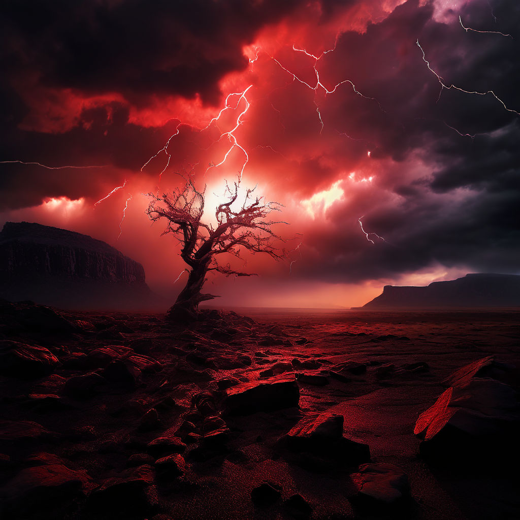 Red lightning striking a barren landscape by Liam Campbell - Playground