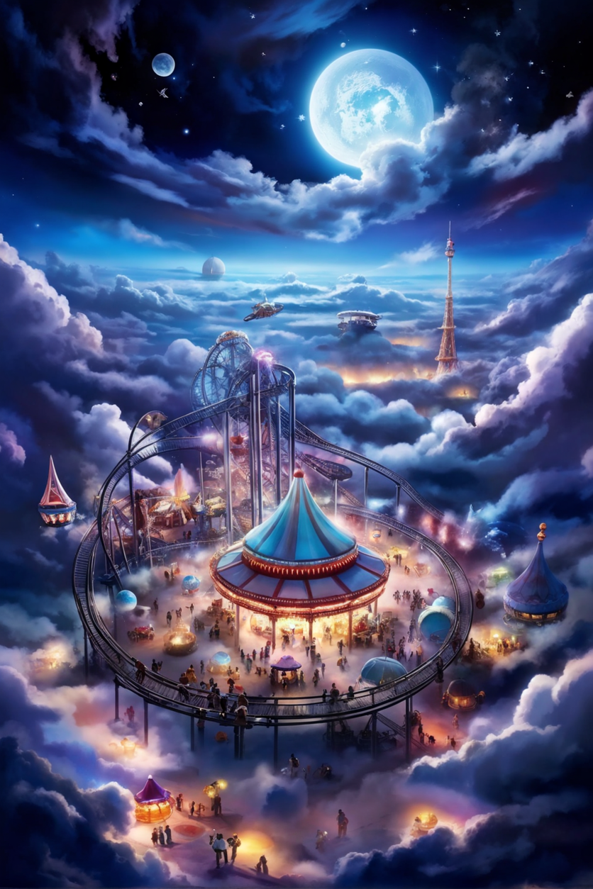 A surreal outer space-themed amusement park at night by Mike Credille ...