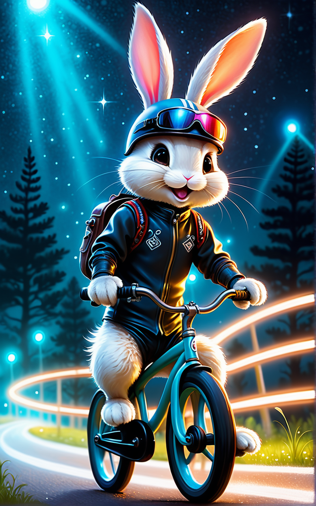 Full body of A cute bunny is riding a bicycle on a race trac... by K ...