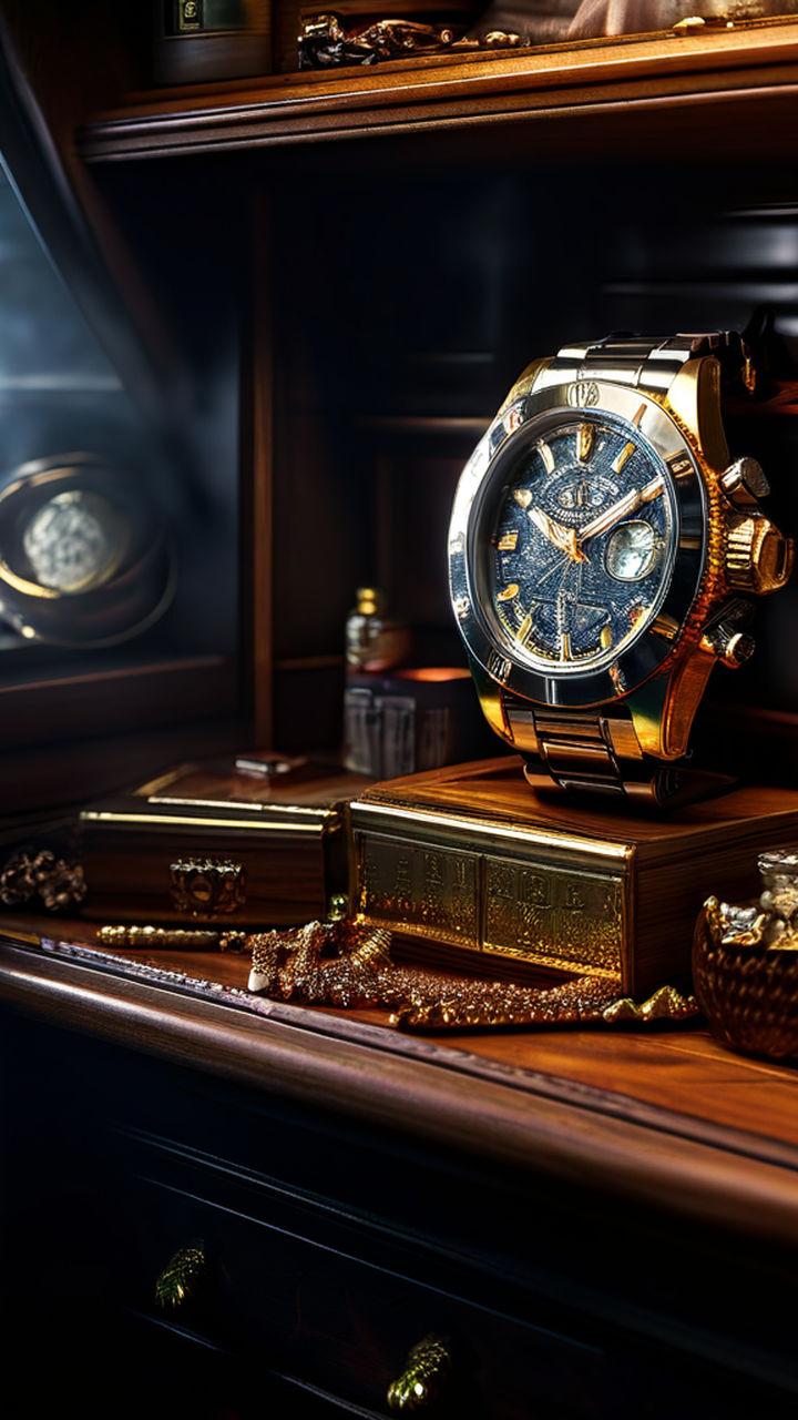 A shiny diamond chain and a luxury Rolex watch placed neatly... by ...