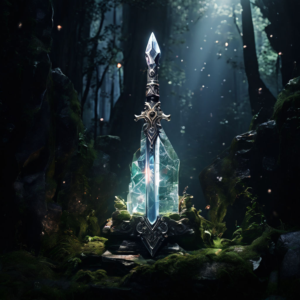 Legendary sword lock on a crystal ston in a dark forest by Stefano ...
