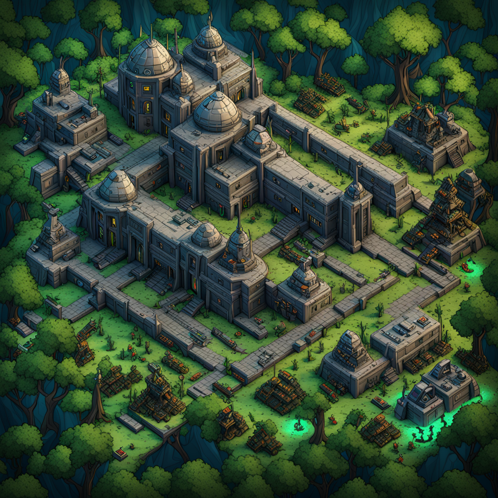 Isometric VTT battle map featuring a sci-fi jungle battlefie... by Alex ...