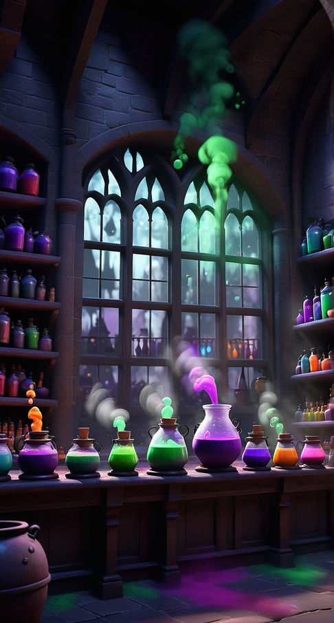 Pixar-style animated film scene featuring a potion room insi... by ...