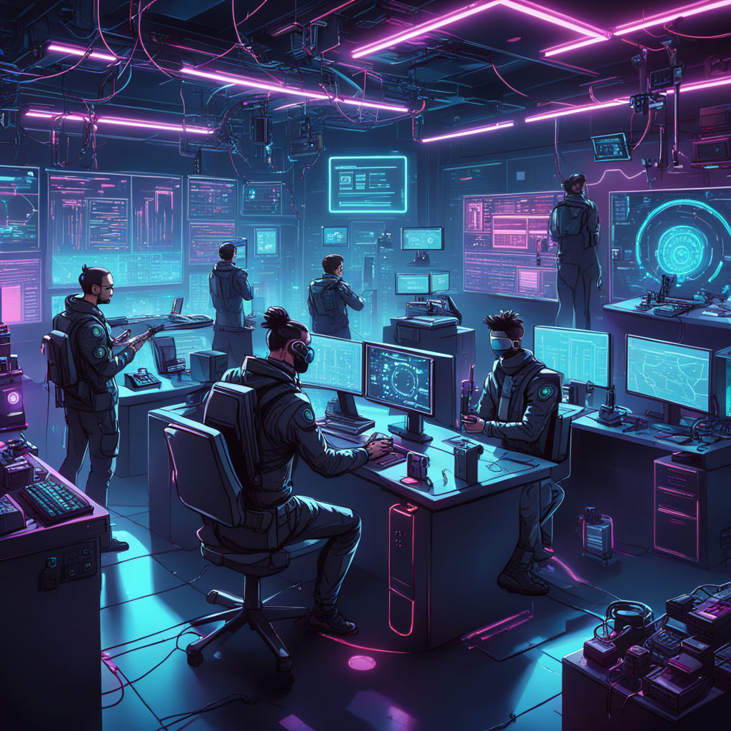 Cyber security operatives in a cyberpunk control room by vineet ...