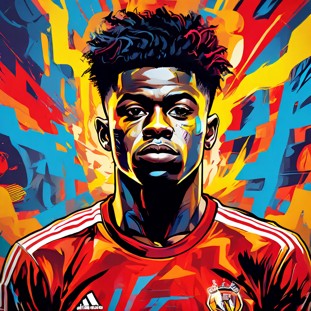 Side-portrait of Arsenal footballer Bukayo Saka in 1960's re... by tymo ...