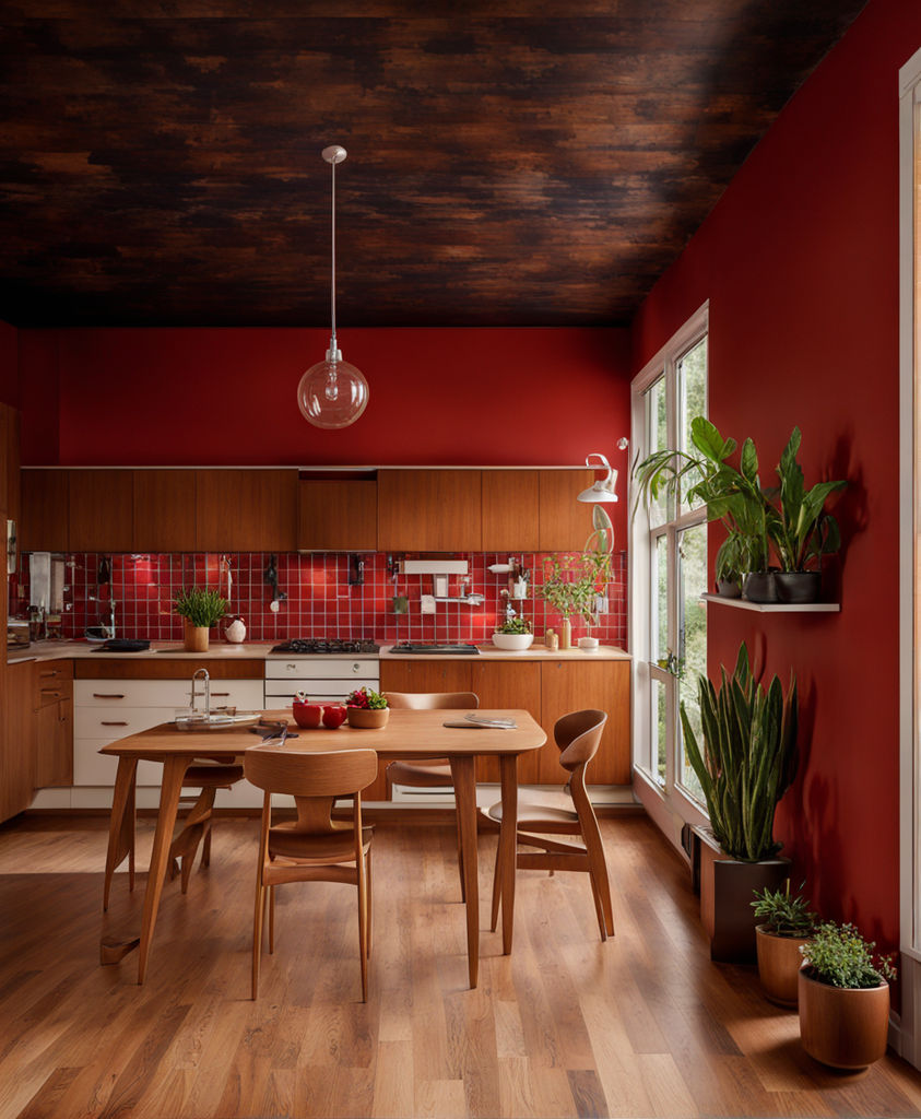Mid-century kitchen featuring scarlet red tiles as wall acce... by ...