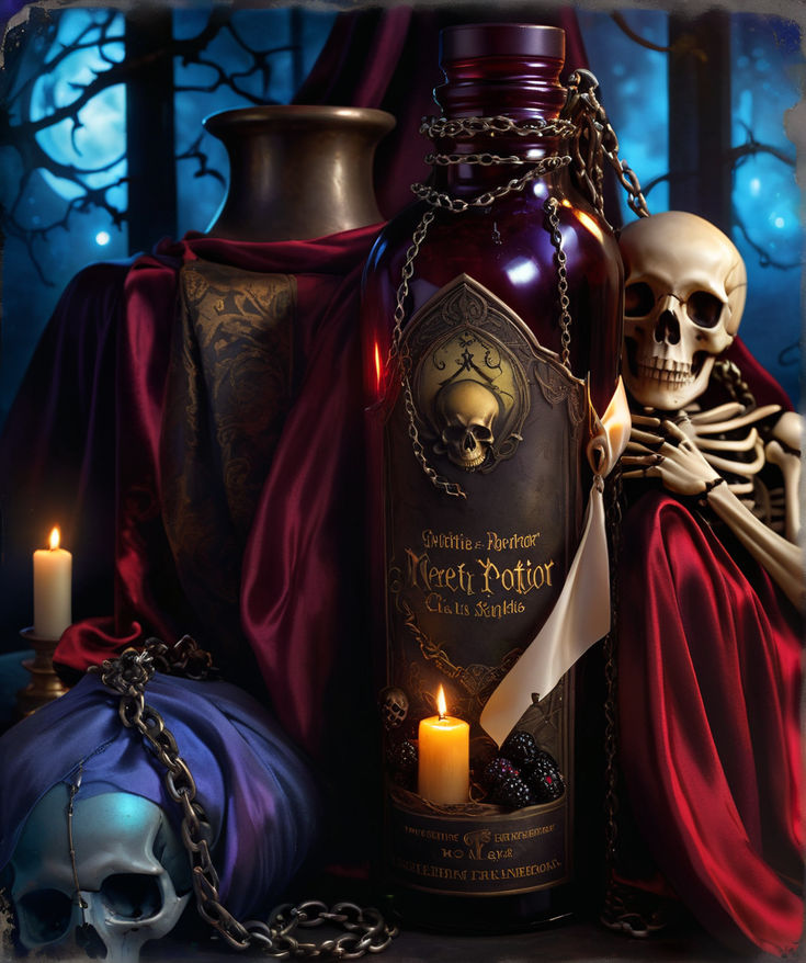 Gothic horror potion bottle labeled "Newt Eye by Adriana - Playground