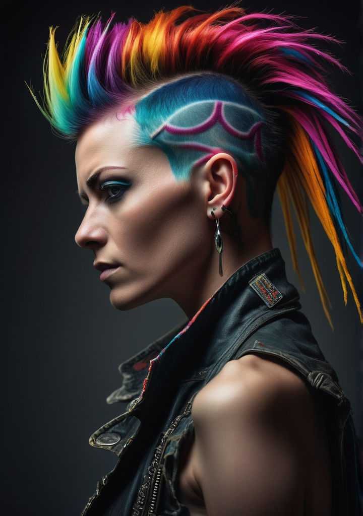 Portrait of a woman featuring a vibrant long mohawk with col... by ...