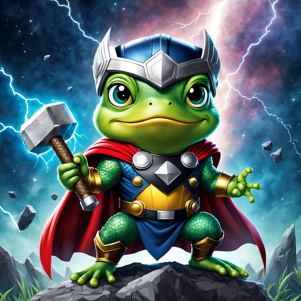 Thor as a cute baby frog holding mjölnir by Nils Keck - Playground