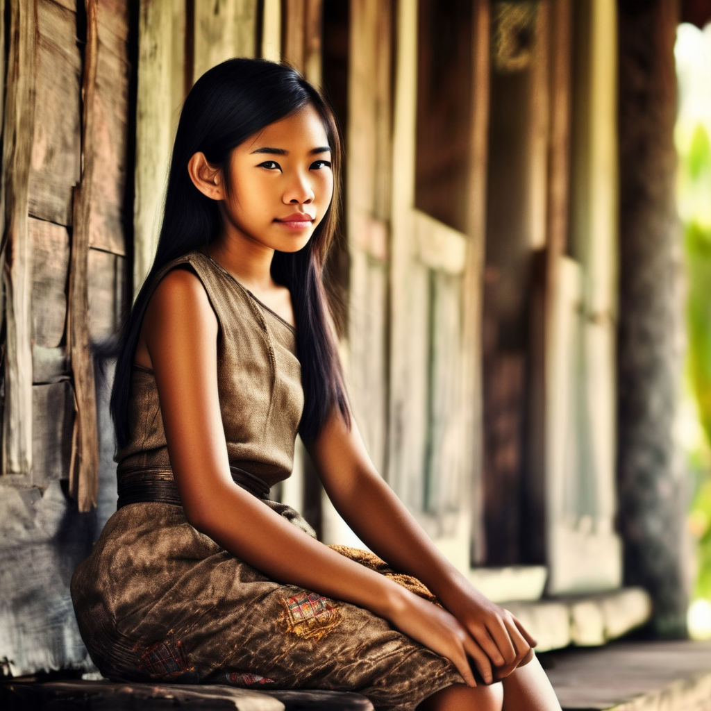 Beautiful thai teen girl sitting on the front porch of her o... by ...