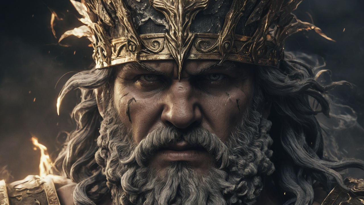 Close up andry face of Zeus wearing the Olympian crown by Wordson ...