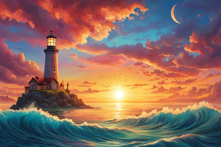 Create a fantasy-inspired sunset scene over an enchanted oce... by ...
