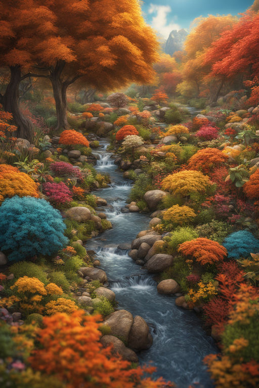 A vibrant fall garden with a stream flowing through it by Pinny Pinny ...