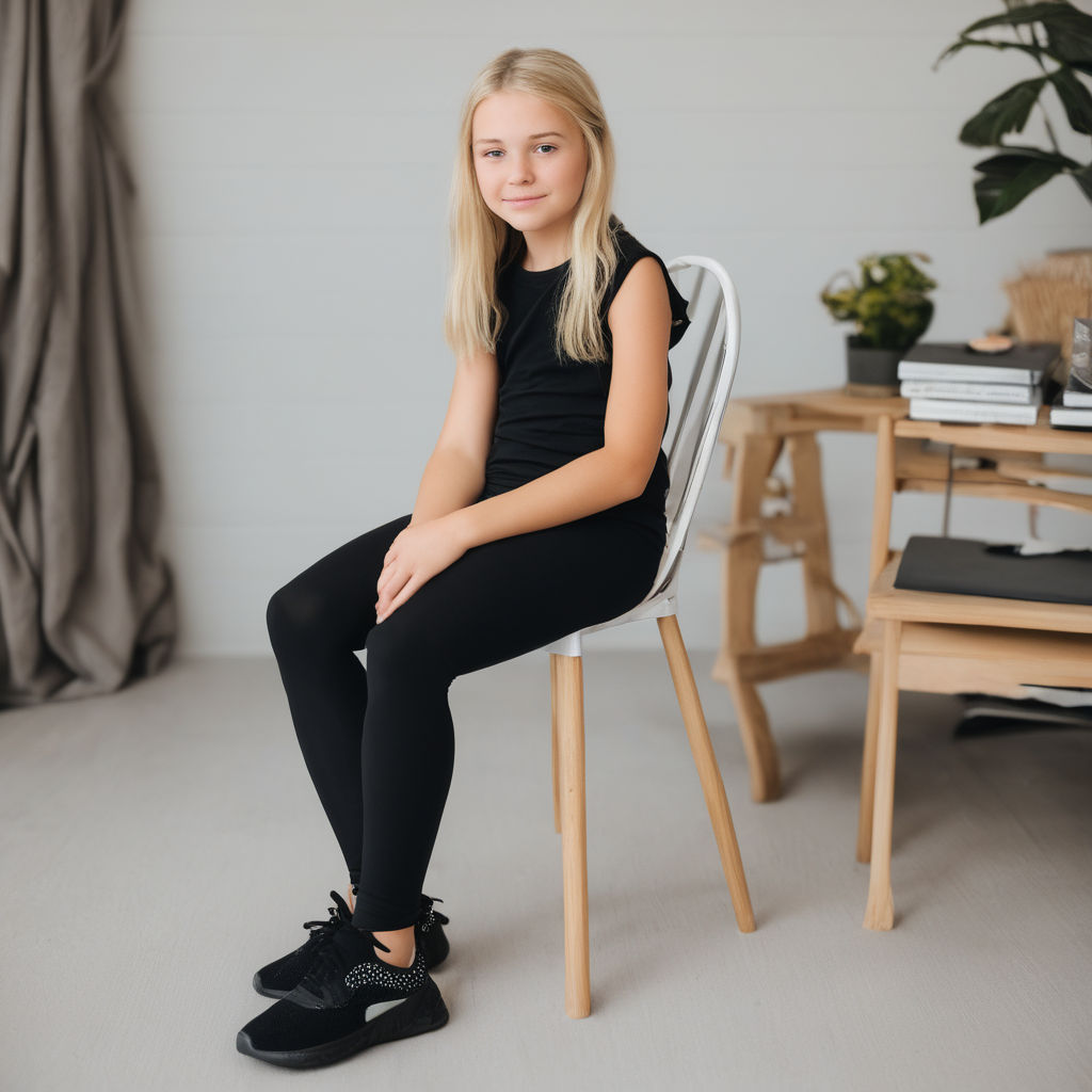 Tween girl blonde white wearing black leggings sitting on ch... by Bob ...