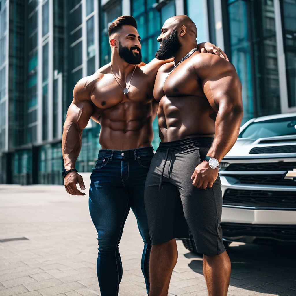 Two shirtless hyper masculine men cuddling. Extreme size dif... by Action Tom - Playground