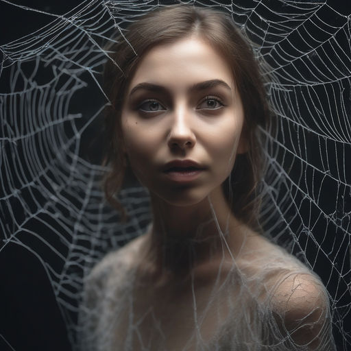 A beautiful full-face girl is hanging on a huge spider web l... by ...
