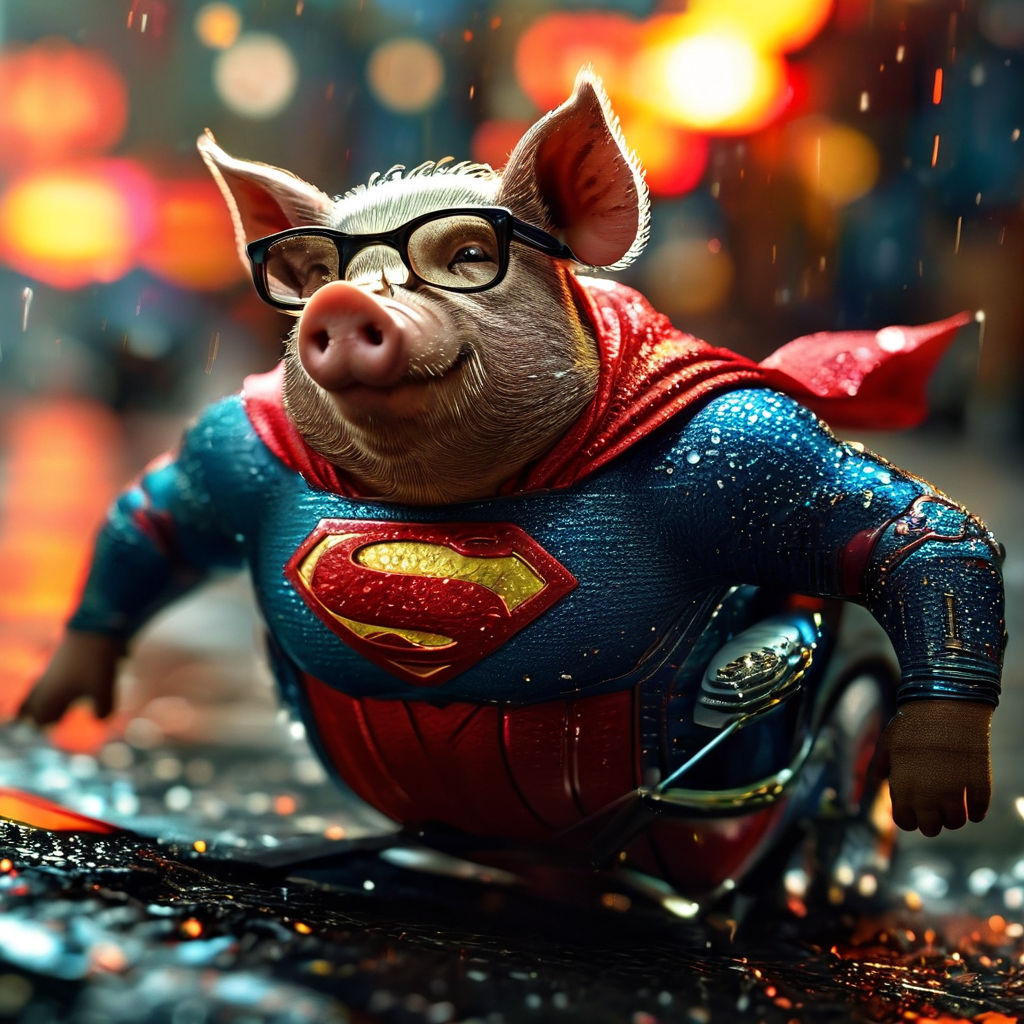 Happy pig like superman on bike by Bartosz Supryk - Playground