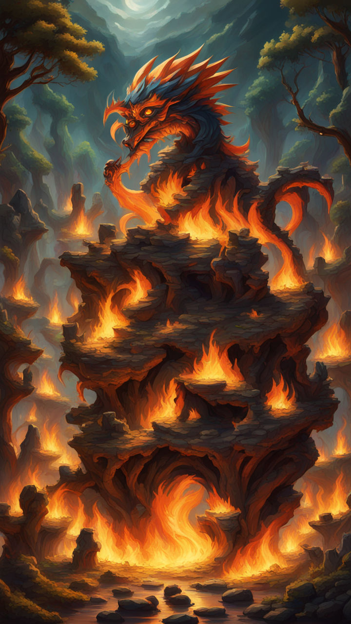 Craft a scene depicting of mythic fire creatures by Tobias Wasmus ...