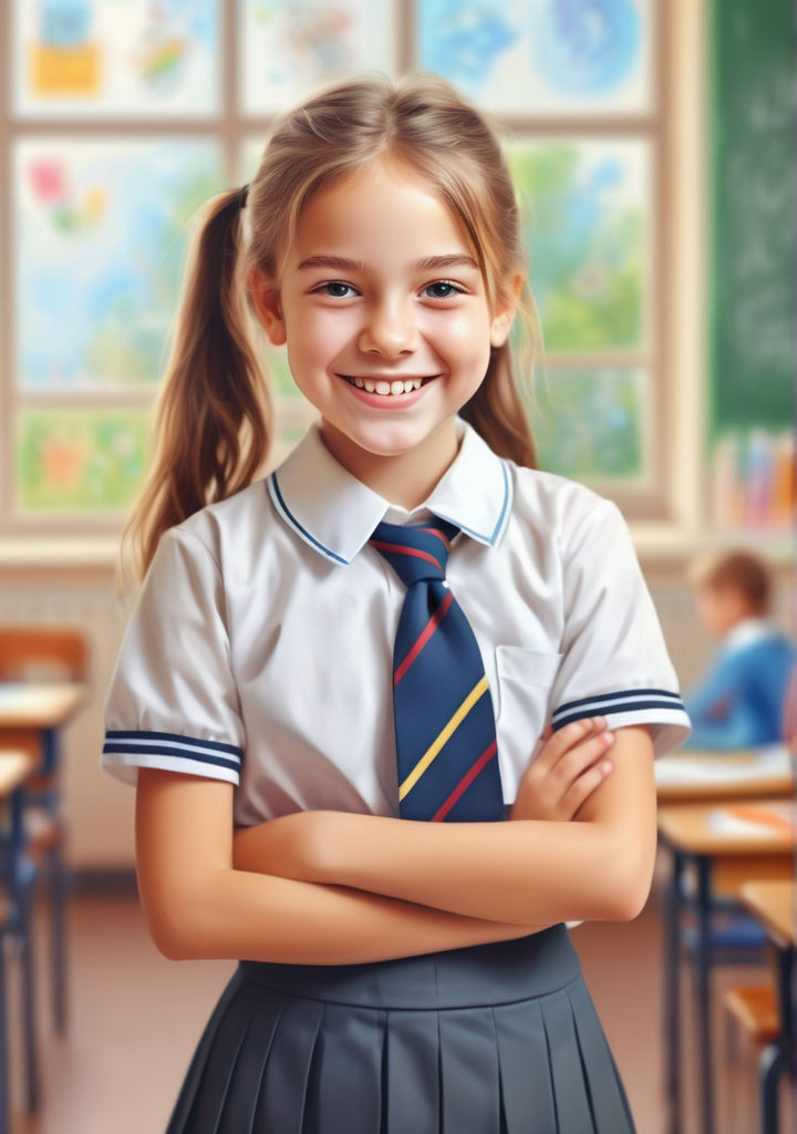 Portrait of a cheerful girl in a school uniform from waist u... by ...