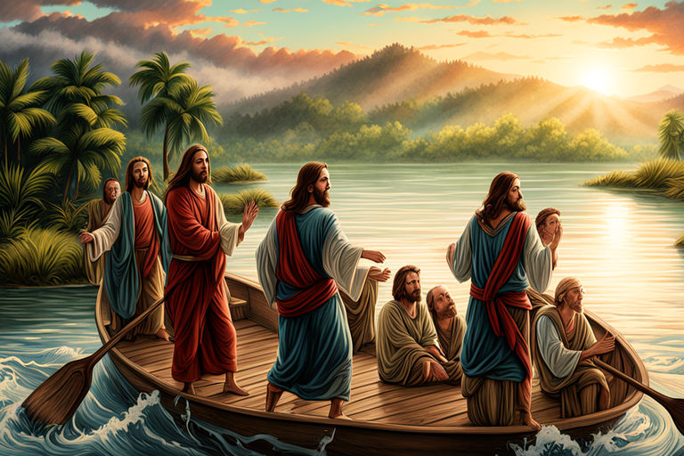 Jesus calmly walking with disciples in a boat in the river by Carros ...