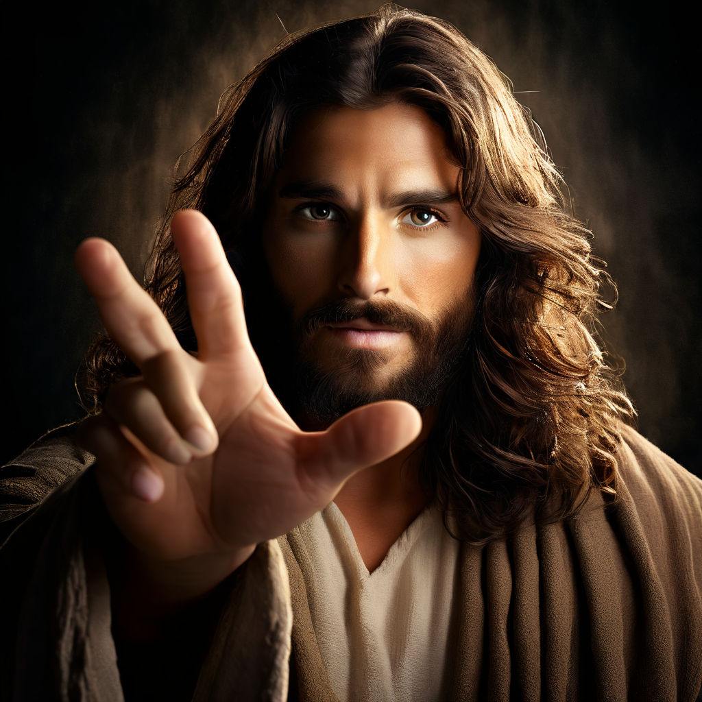 Create a jesus portrait showing his hand first finger toward... by ...