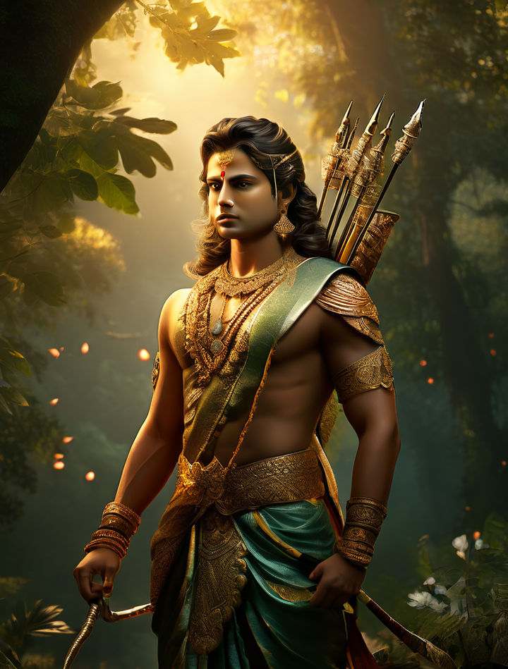 Lord Rama standing with a bow and arrow by Pulak Kumar Ghosh - Playground