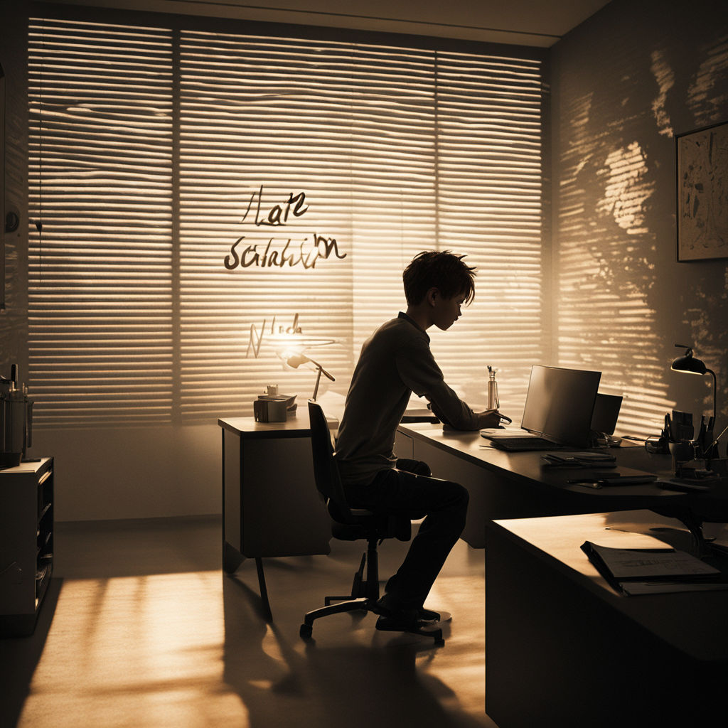 Boy focused on computer screen in a home office setting by cloud ...