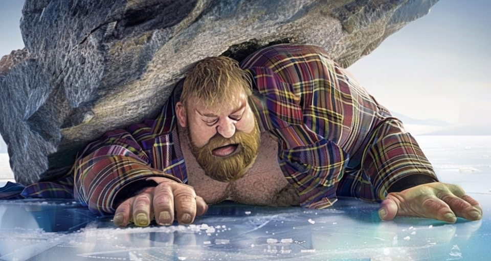 A comedic image of a large Scottish man lying on the ice cru... by ...
