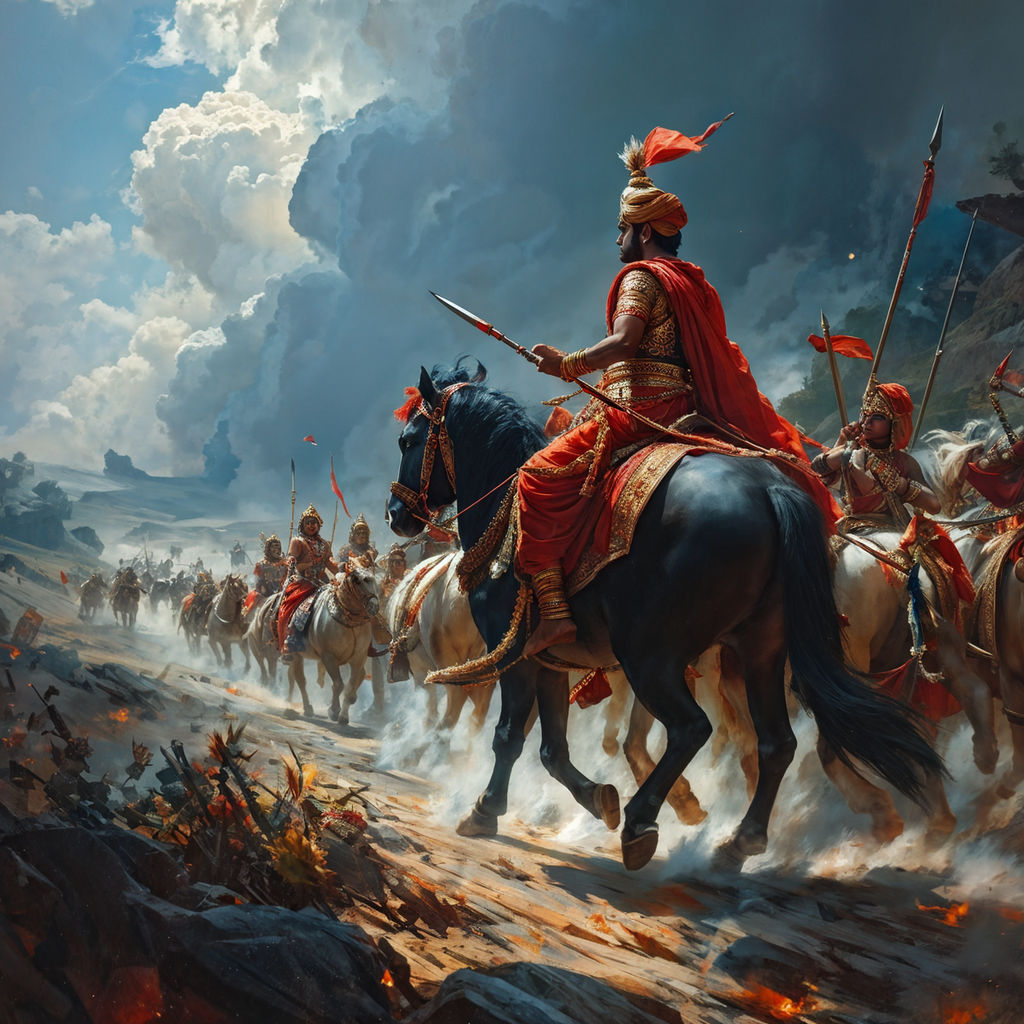 Epic battle scene from the Mahabharata featuring Krishna on ... by ...