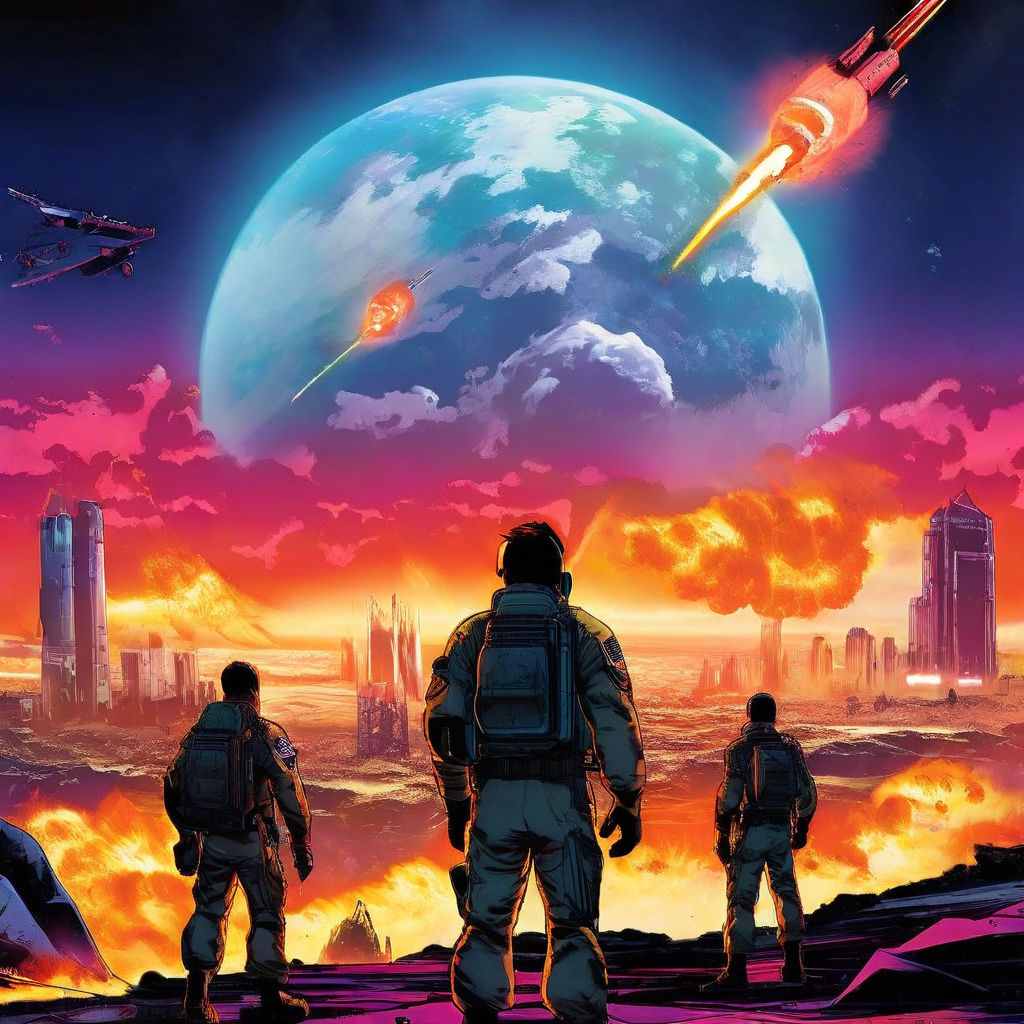 The main character and three rescuers look at planet earth f... by ...