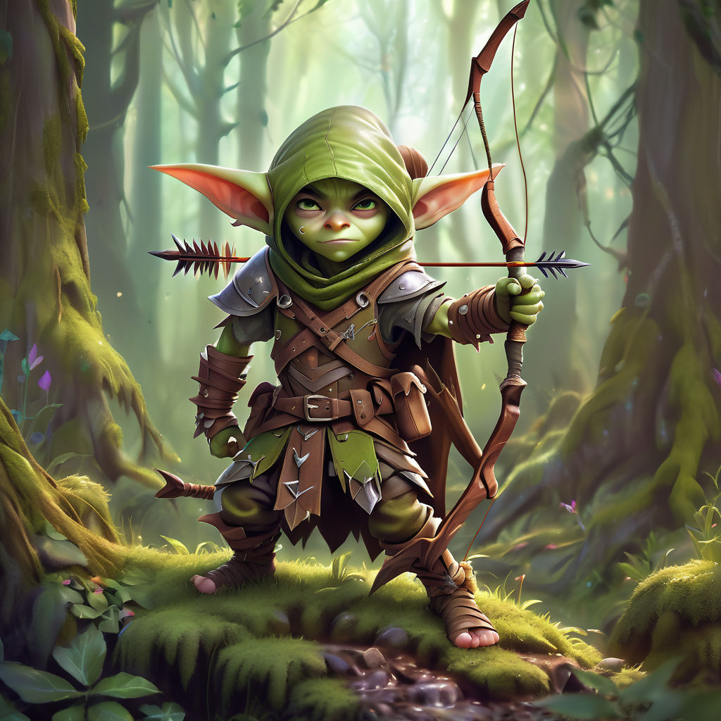 An adventurous goblin archer stands poised and ready in a de... by ...