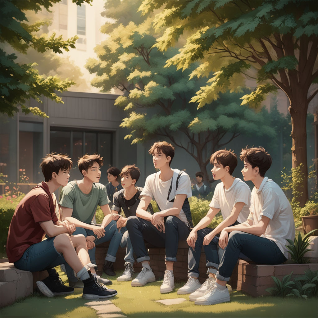 A group of boy friends sitting in garden talking to each oth... by Best ...