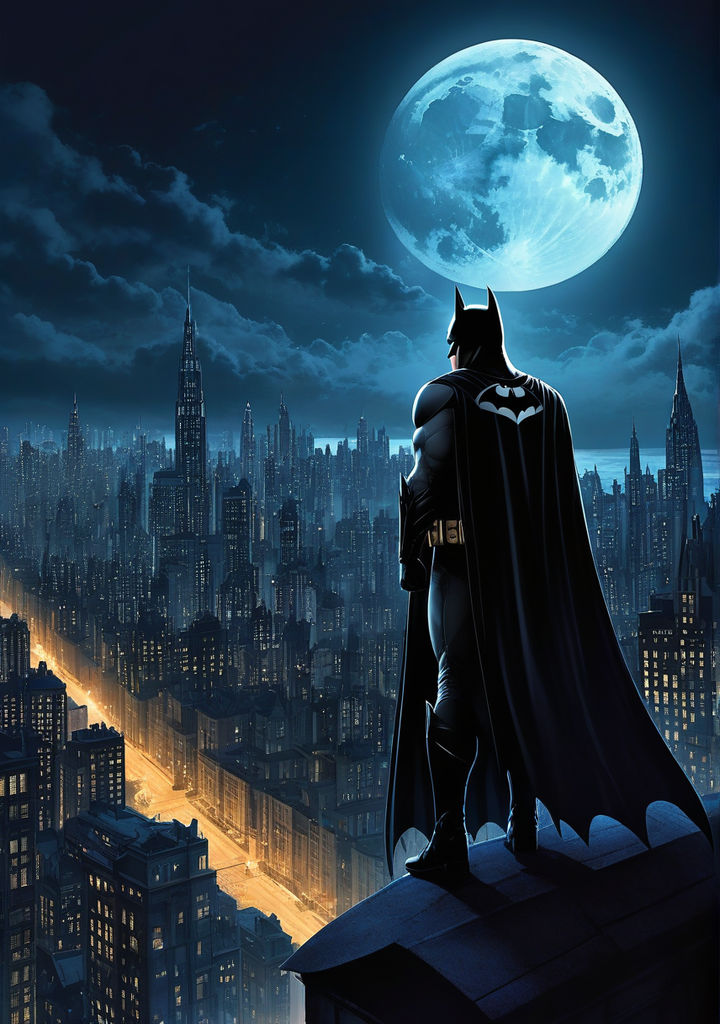Batman poised on a gothic skyscraper ledge under a full moon by Billy ...