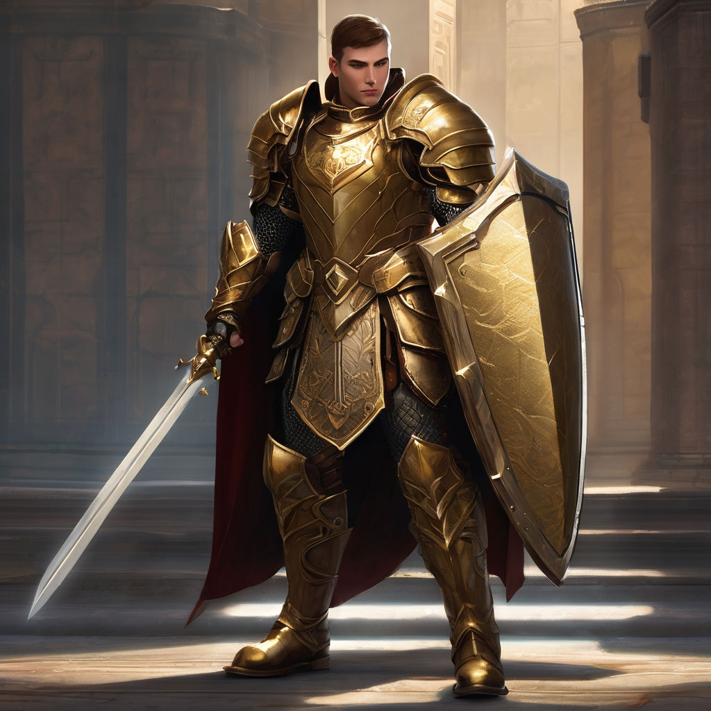 Male Paladin wearing an golden armor holding a shield and a ... by Flo ...