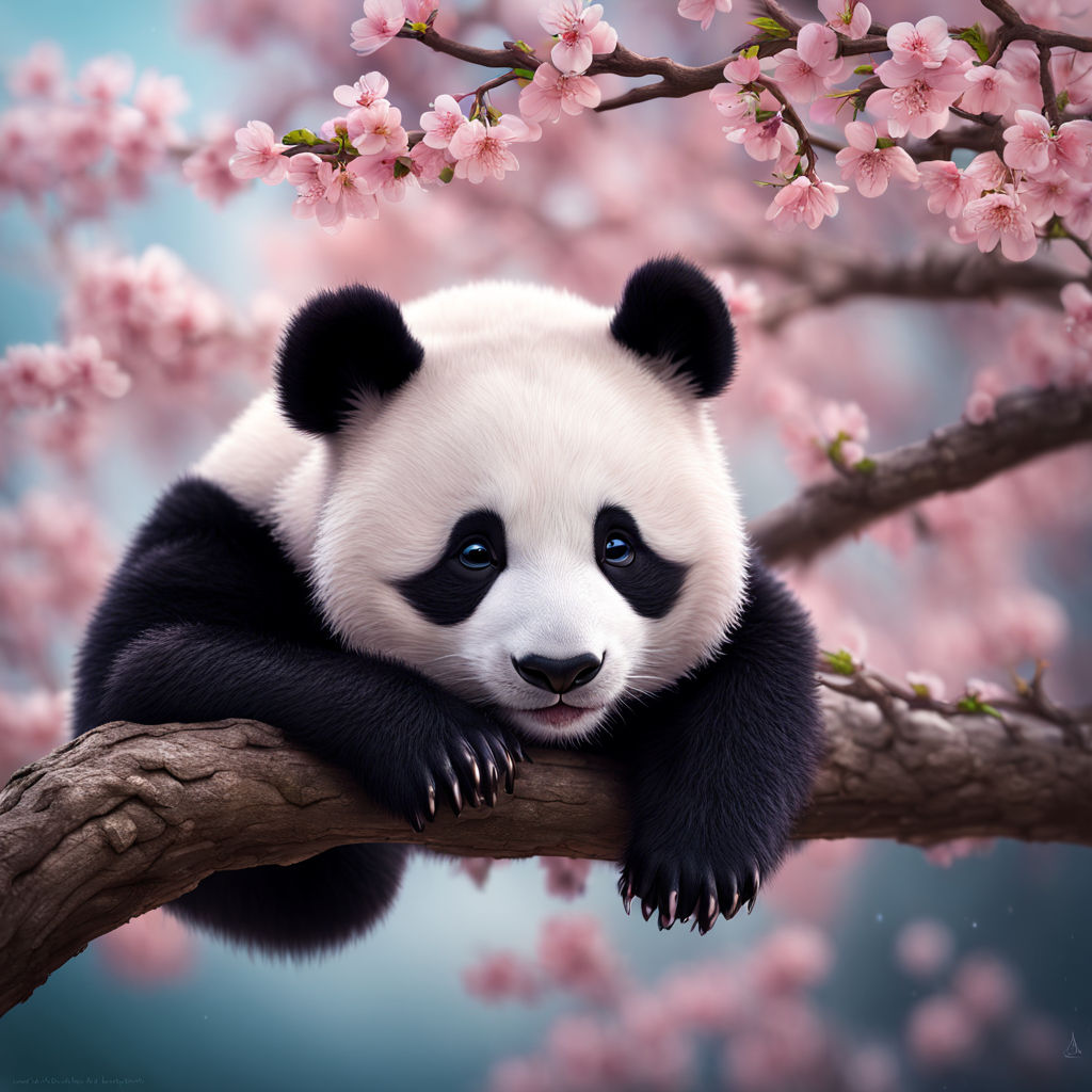 A cute panda laying on a thin branch of sakura tree with it'... by ...