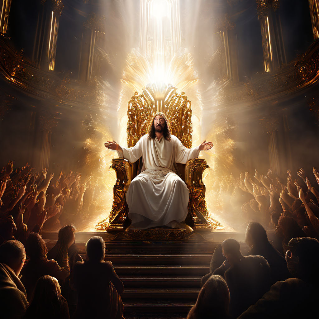 Create a realistic 4k scene of jesus iron golden shiny thro... by ...