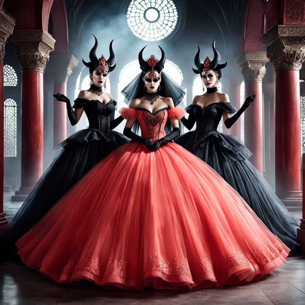 Three evil beatiful female demons in a cursed temple. coral ... by ...