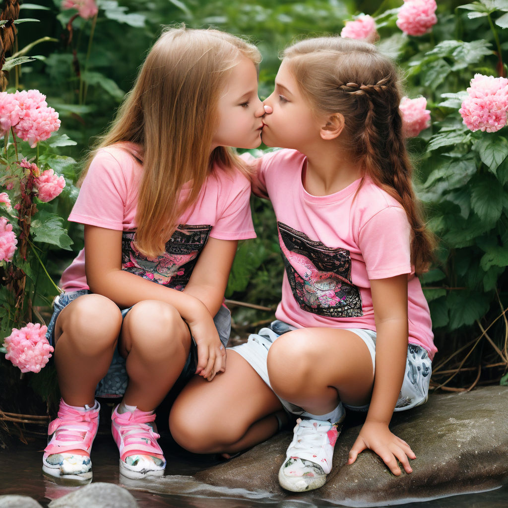 Two young girls kissing arms wrapped around each other weari... by Marshall Frink - Playground