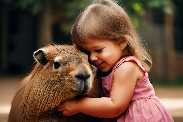 A little girl hugs a big capybara by Natalia Duginova - Playground