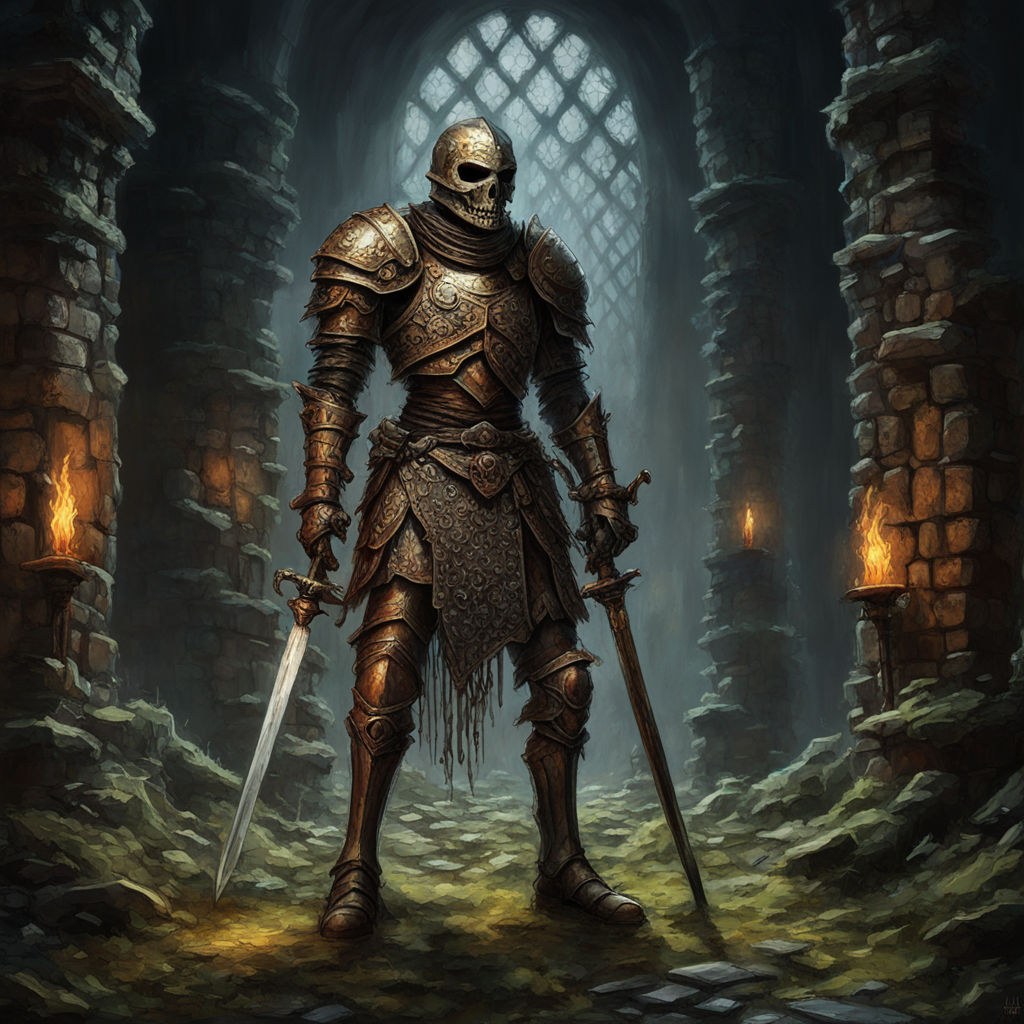 Skeletal knight clad in rusted armor stands solemnly at the ... by Ryan ...
