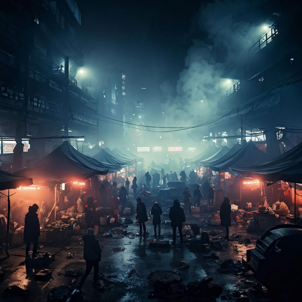 Sci-fi messy Asian night market full of people and alien by Reuben ...