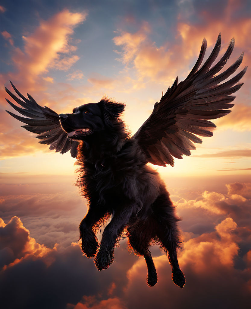 Winged dog soaring through a cumulus-strewn sky by prabakaran joy ...